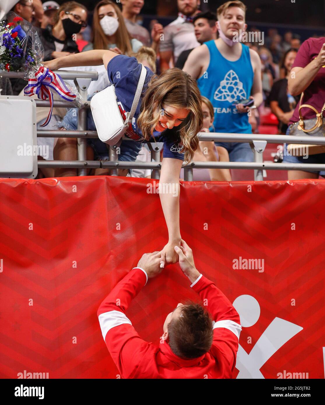 June 265, 2021: Sam Mikulak greets his fiance after Day 2 of the 2021 U ...