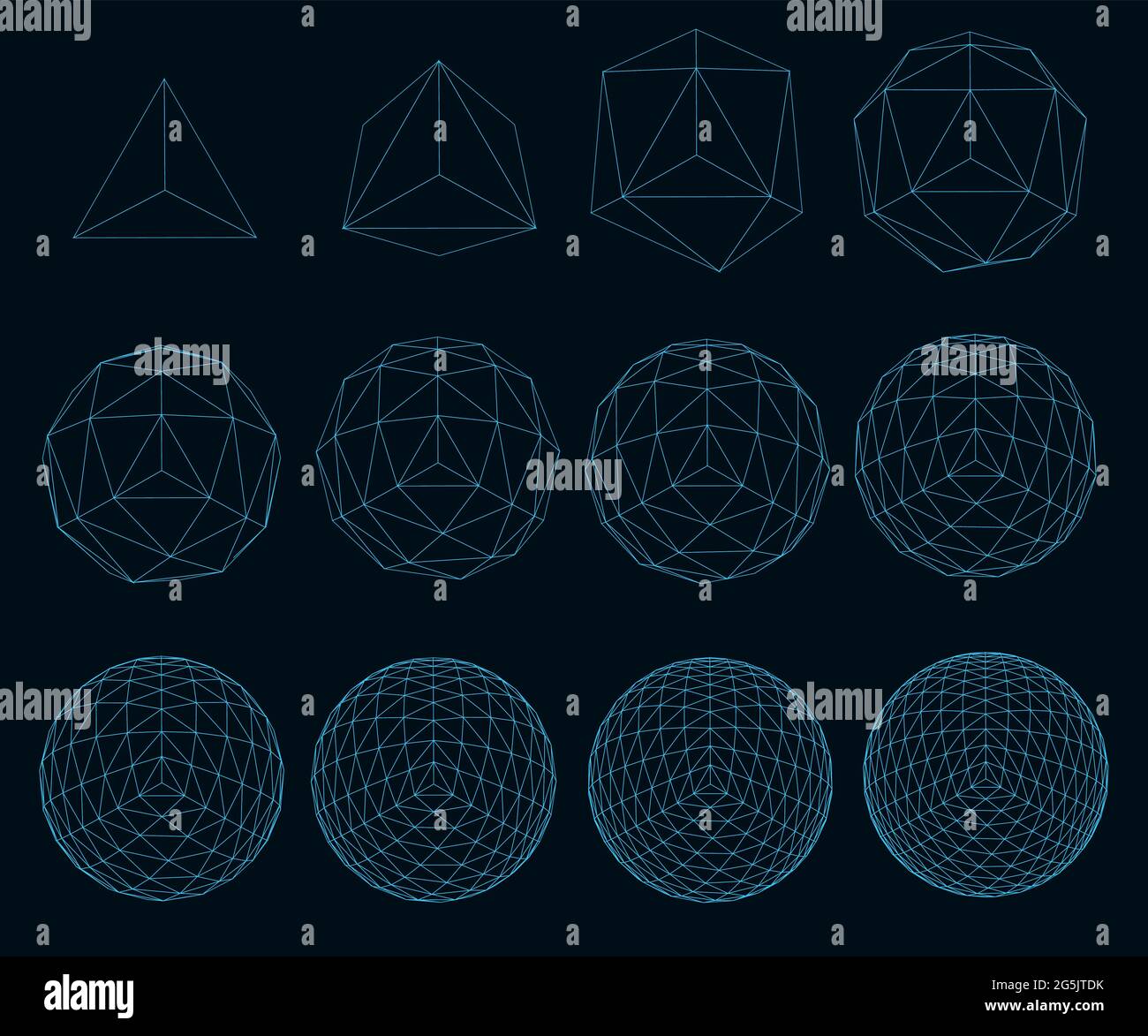 A set of wireframe geometric shapes in a sequence complicating their ...