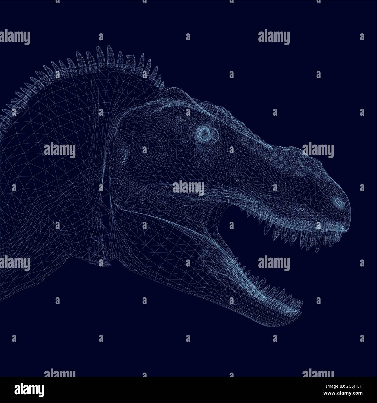 Dinosaur head wireframe from blue lines isolated on dark background ...
