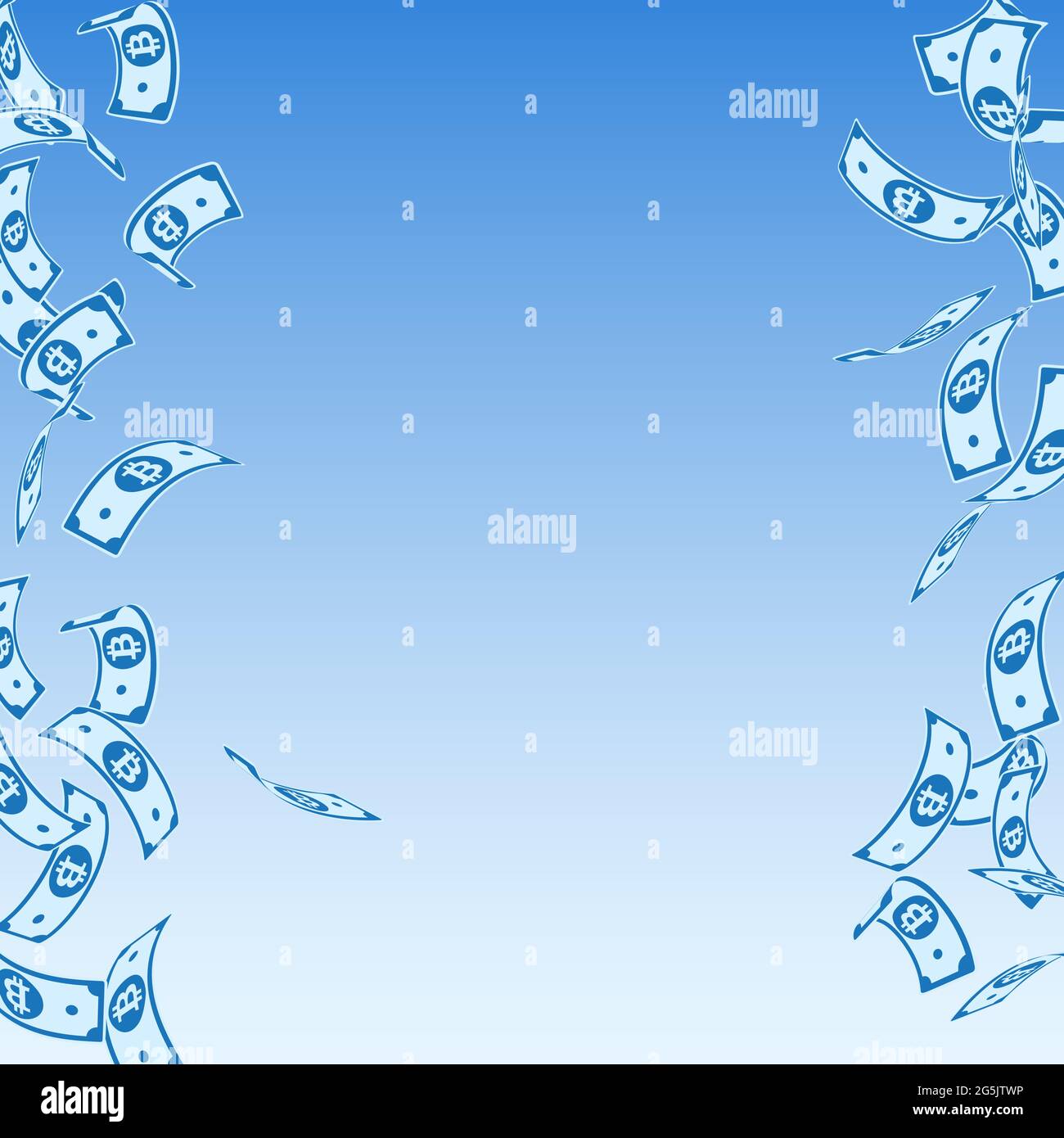 Bitcoin, internet currency notes falling. Floating BTC bills on blue ...