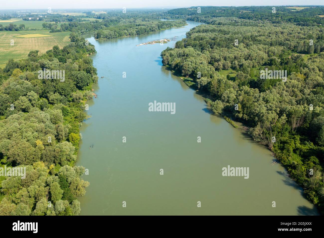 Aerial photo of the natural Drava River in Croatia, surrounded by the ...