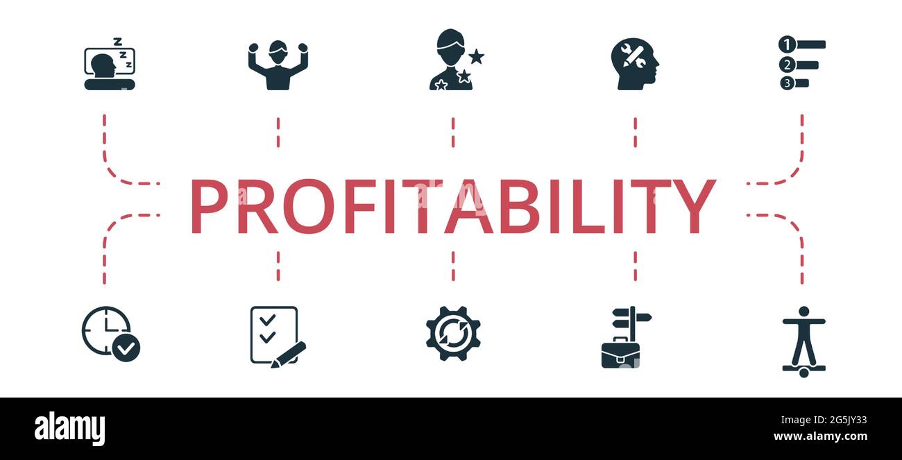 Profitability icon set. Contains editable icons theme such as time ...