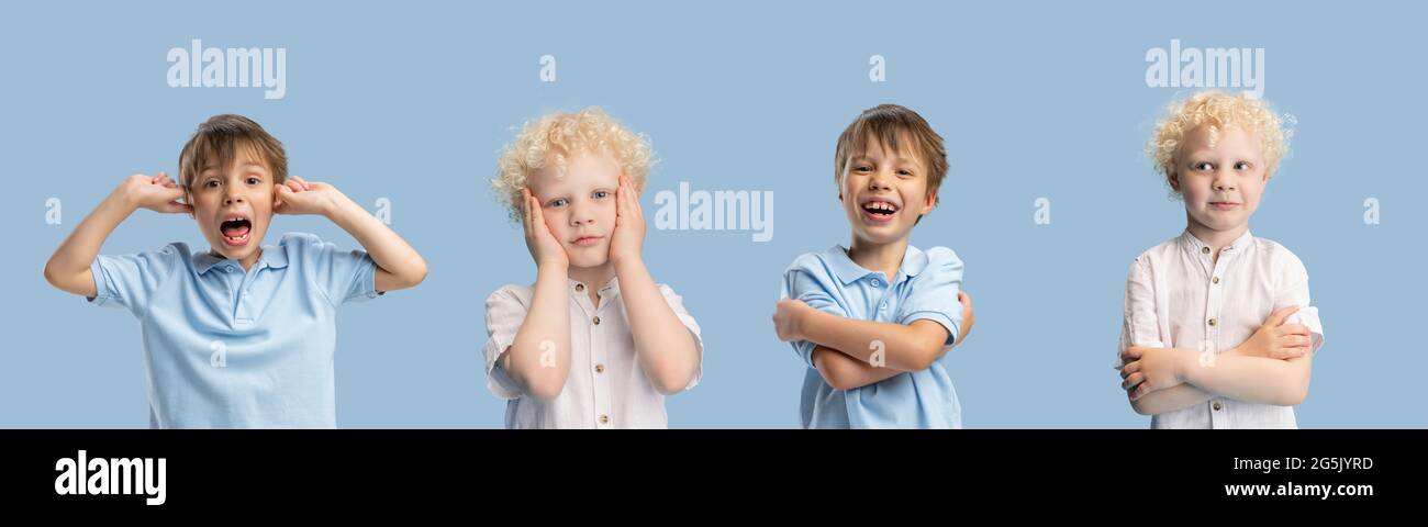Collage of two Caucasian little boys posing isolated over blue studio ...
