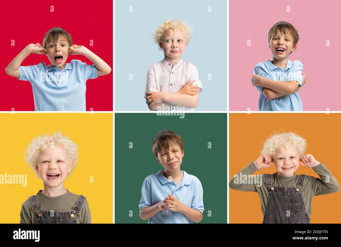 Collage of two Caucasian little boys isolated over multicolored studio ...