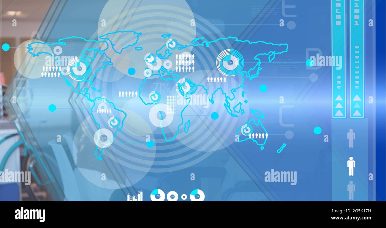 Composition of data processing and world map on blue background Stock ...