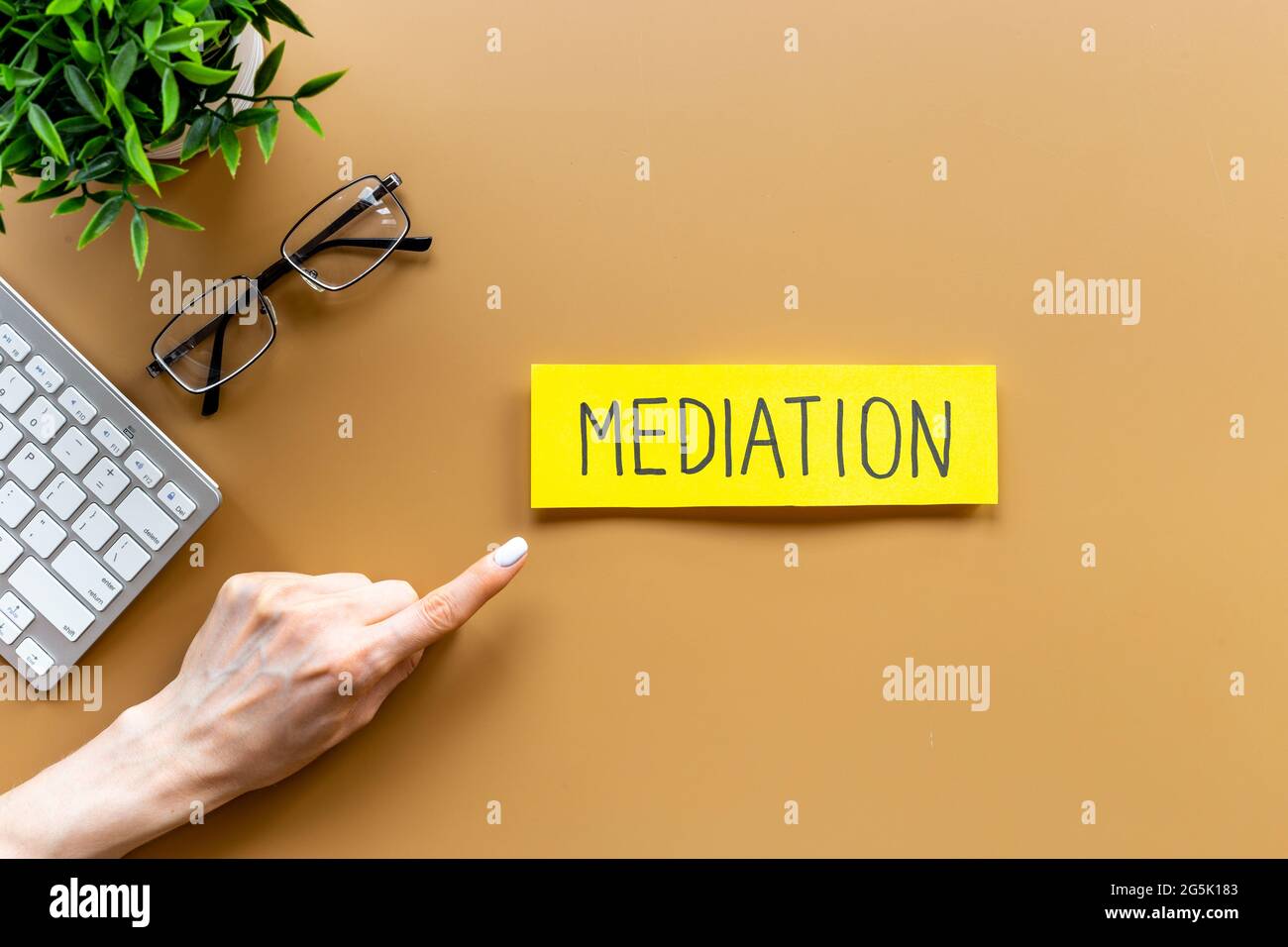 Word mediation on sticky notes on office table. Conflict resolving ...