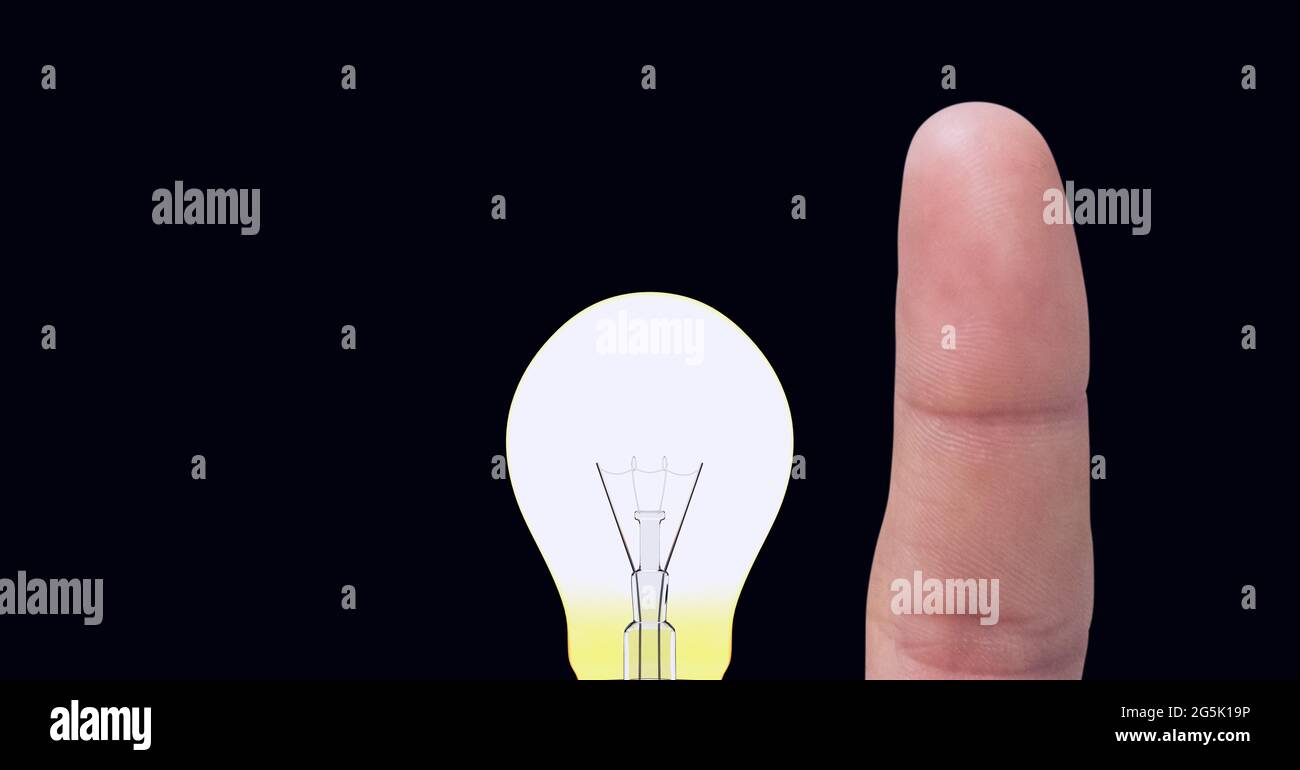 Composition of finger touching lit light bulb on grey background Stock ...