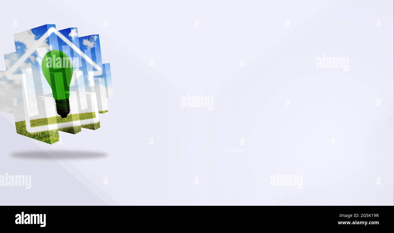 Composition of green light bulb icon and house with copy space on white ...