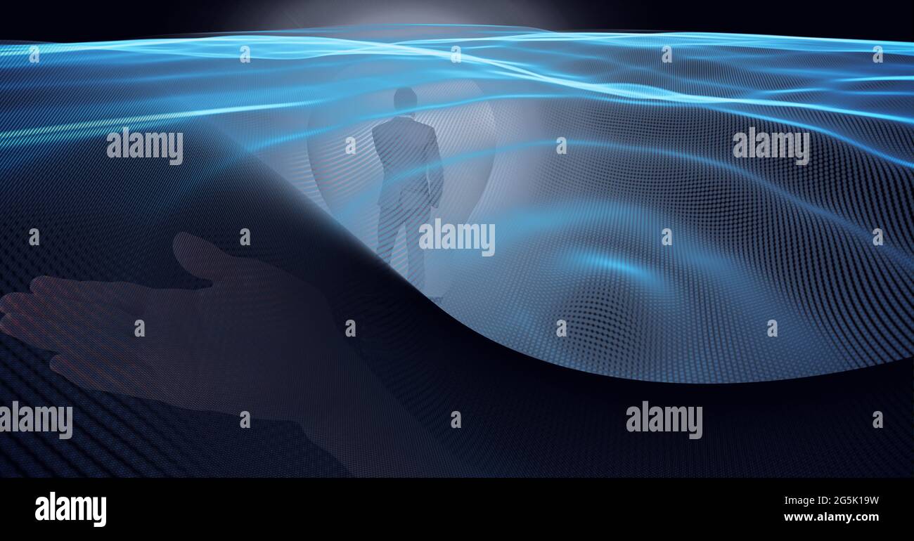 Animation of glowing blue trails of information over businessman Stock ...