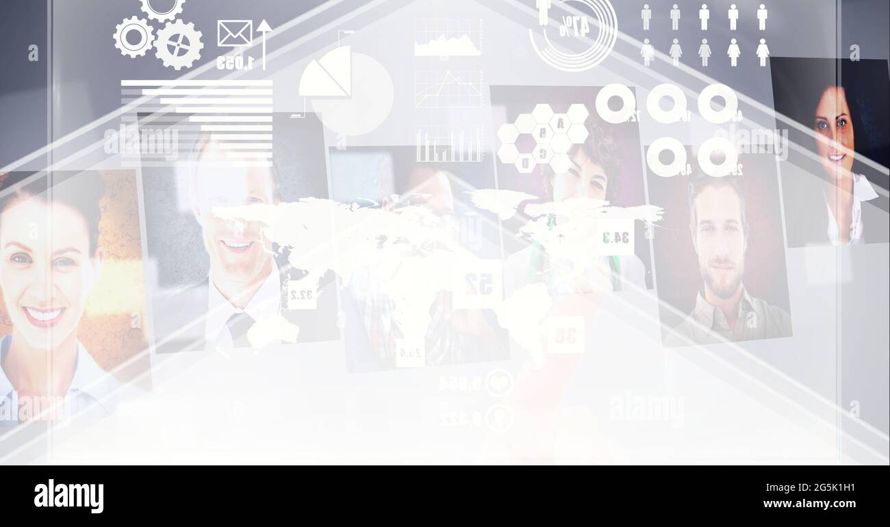 Composition of interactive screen with photos and data processing Stock ...