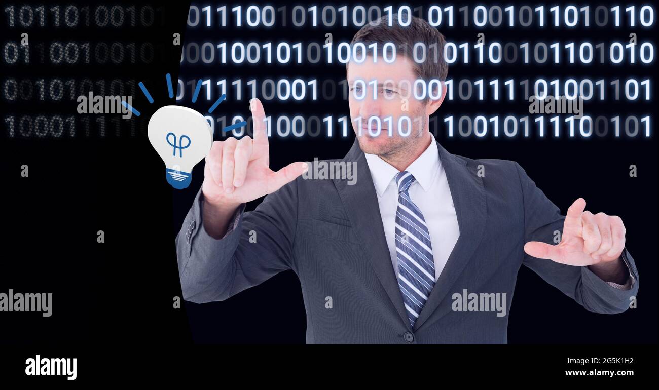 Composition of businessman touching interactive screen with lightbulb ...