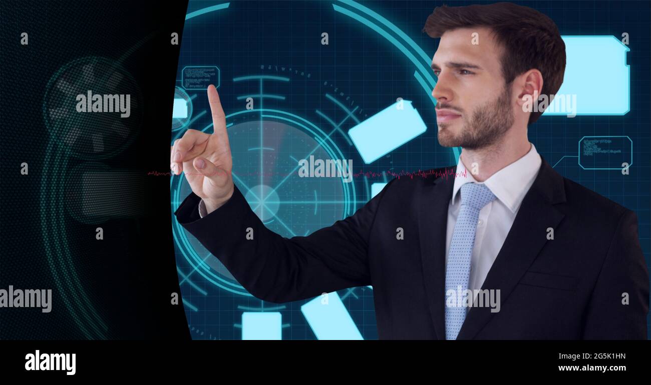 Animation of data processing over businessman touching screen Stock ...