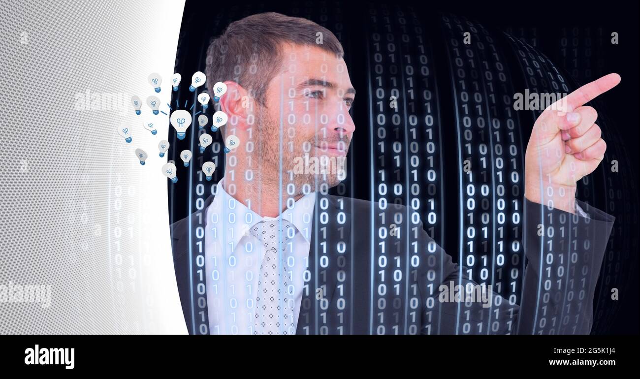 Composition of businessman touching interactive screen with lightbulbs ...