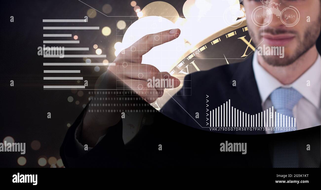 Animation of data processing over businessman touching screen Stock ...
