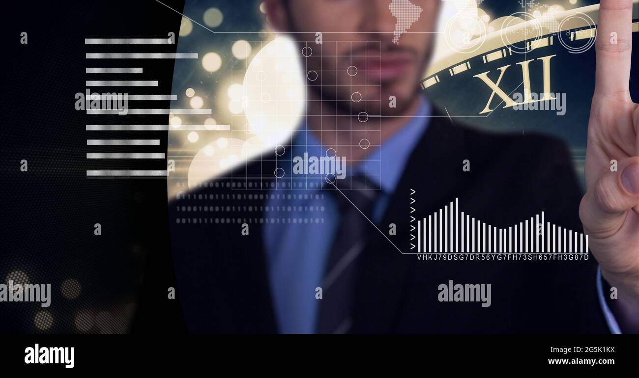 Animation of data processing over businessman touching screen Stock ...