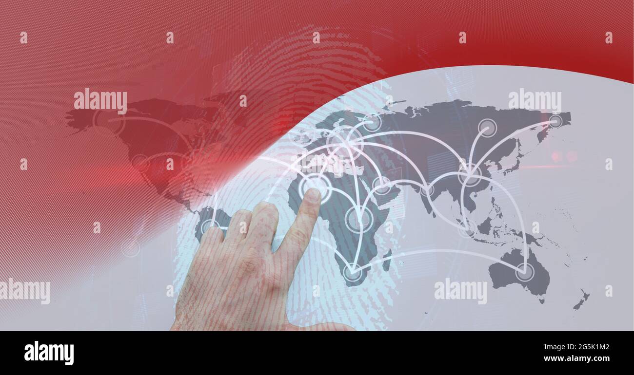 Composition of finger touching interactive world map Stock Photo - Alamy