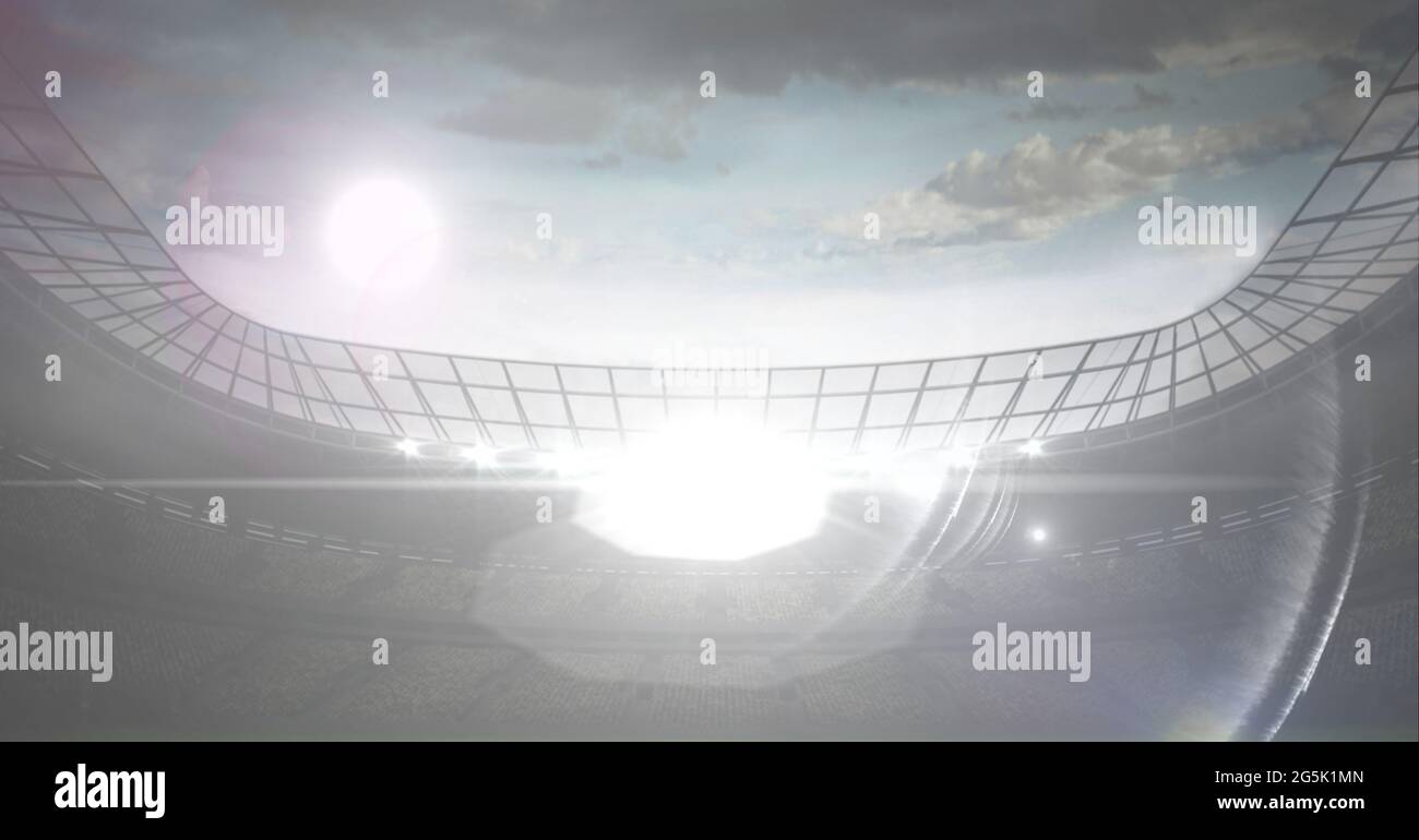 Composition of sports stadium with glowing spotlights and copy space ...
