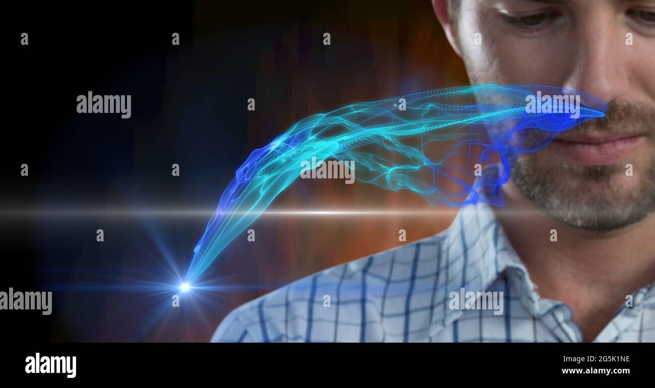 Composition of digital blue light trails over businessman Stock Photo ...