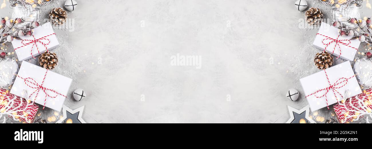 Festive Christmas background with gift boxes and Christmas decorations ...