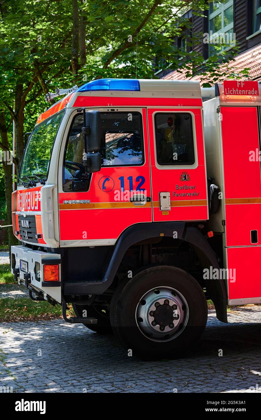 Berlin; Germany - June 26; 2021: View to a fire engine in front of a ...
