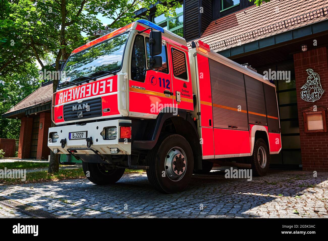 Berlin; Germany - June 26; 2021: View to a fire engine in front of a ...