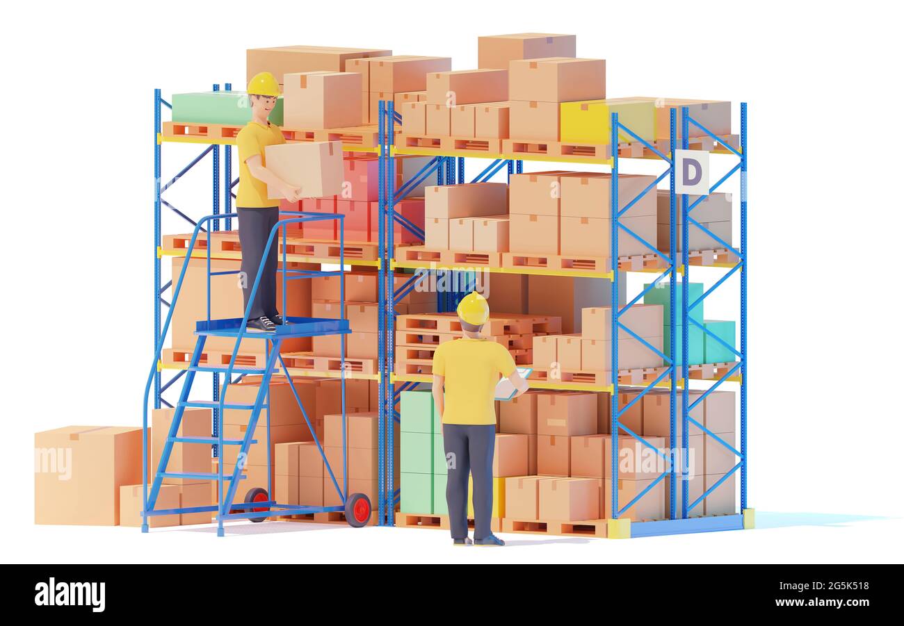 Warehouse workers searching product on racking shelves. Worker on ...