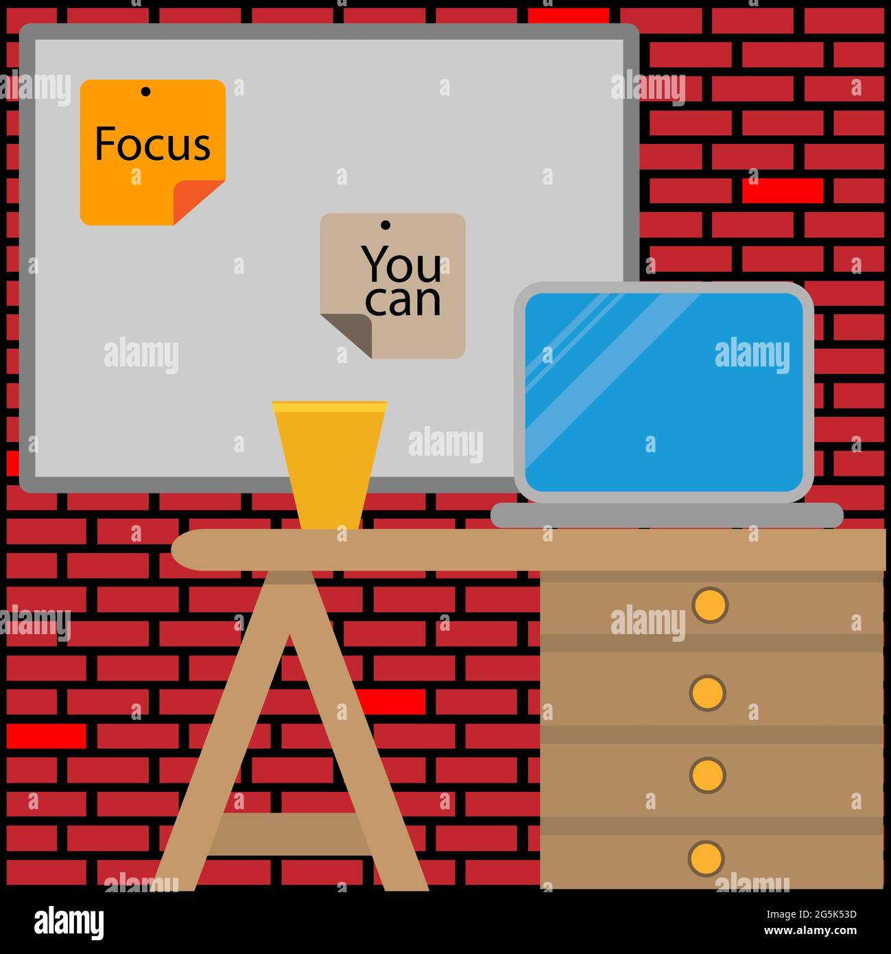 Laptop on desk. Working desk with laptop, coffee, and paper notes ...