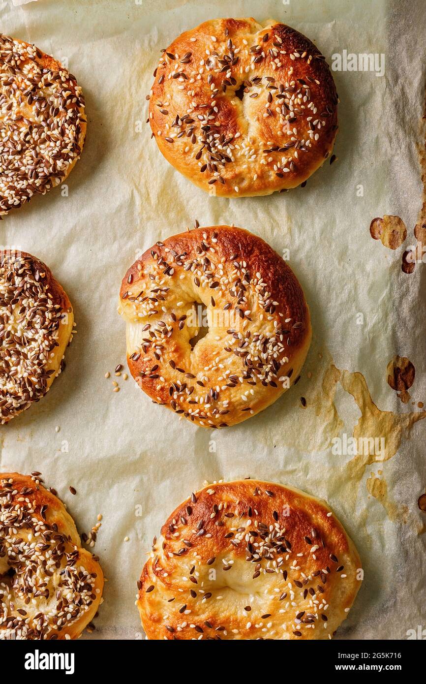 Vertical food banner. Crusty sesame tasty buns. Homemade baking. Fresh ...