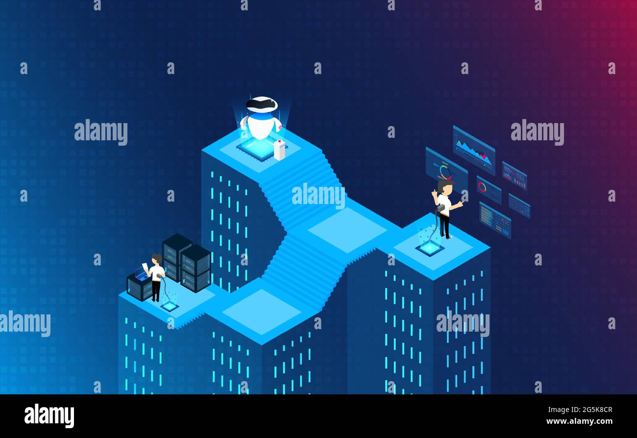 isometric robotic on processor chip on system grid background. Futuristic concept. vector and ...