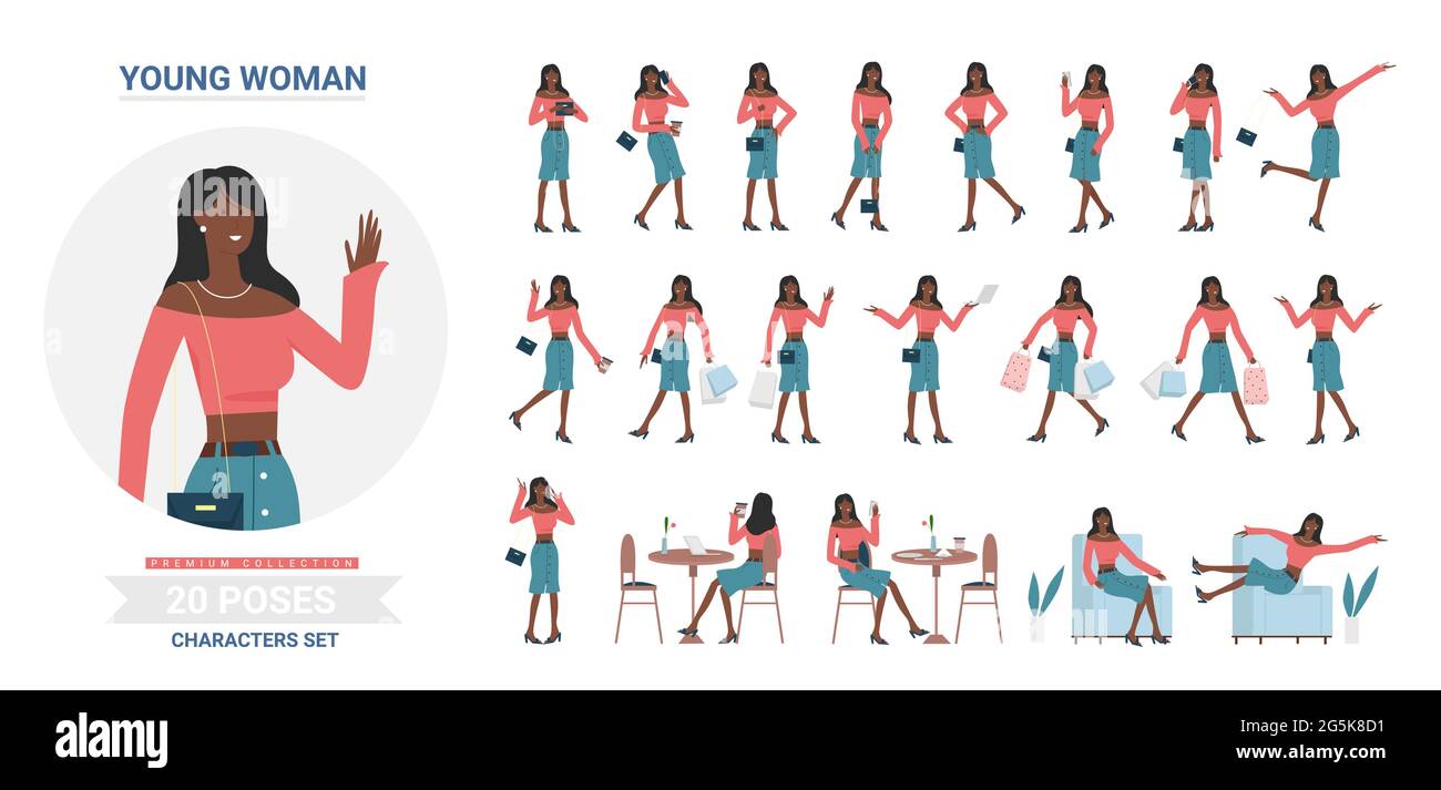 African american black woman poses vector illustration set. Cartoon ...