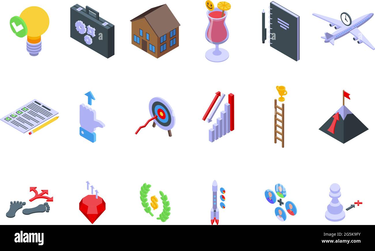 Realization icons set isometric vector. Dream self victory. Success ...