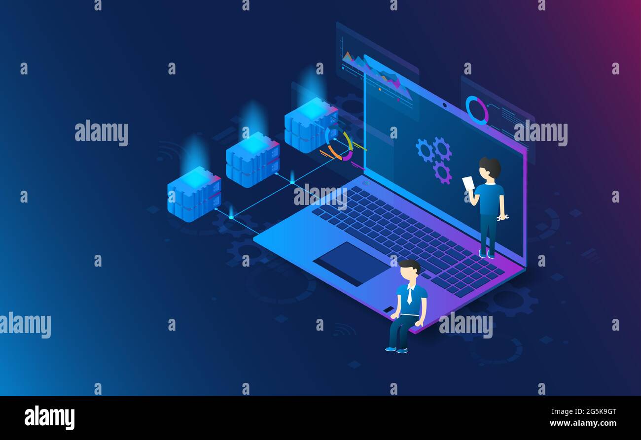 Isometric laptop with technician fix system on icon background ...