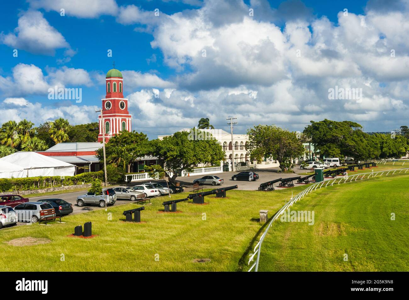 Famous red clock tower on the main guardhouse at the Garrison Savannah ...