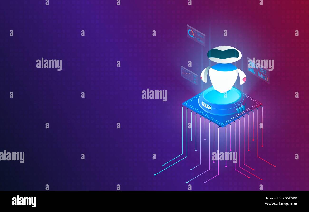isometric robotic on processor chip on system grid background. Futuristic concept. vector and ...