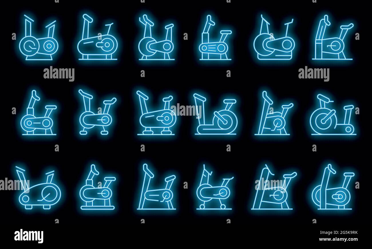 Exercise bike icons set. Outline set of exercise bike vector icons neon ...