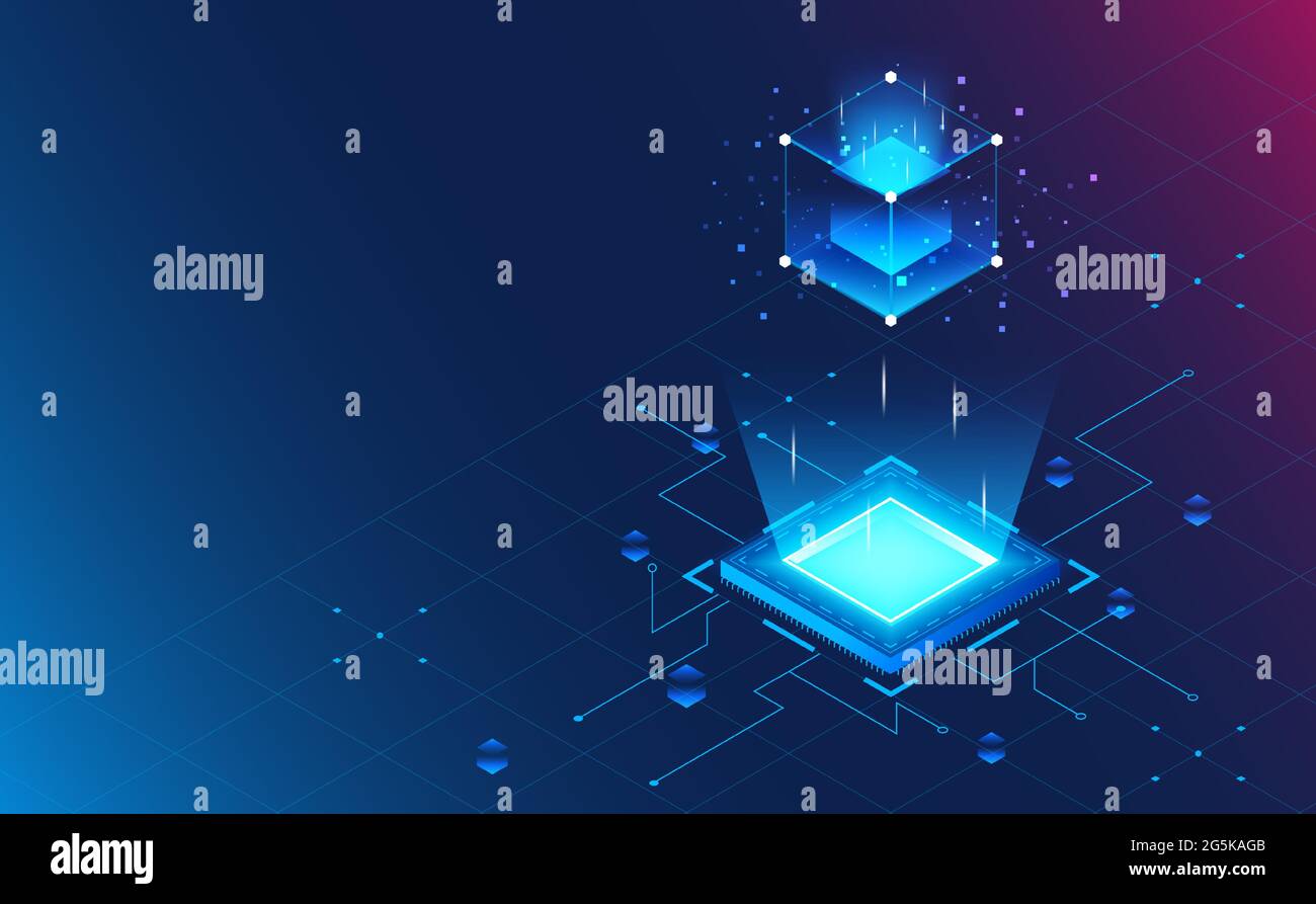 Isometric processor block chain on grid background.Futuristic concept ...