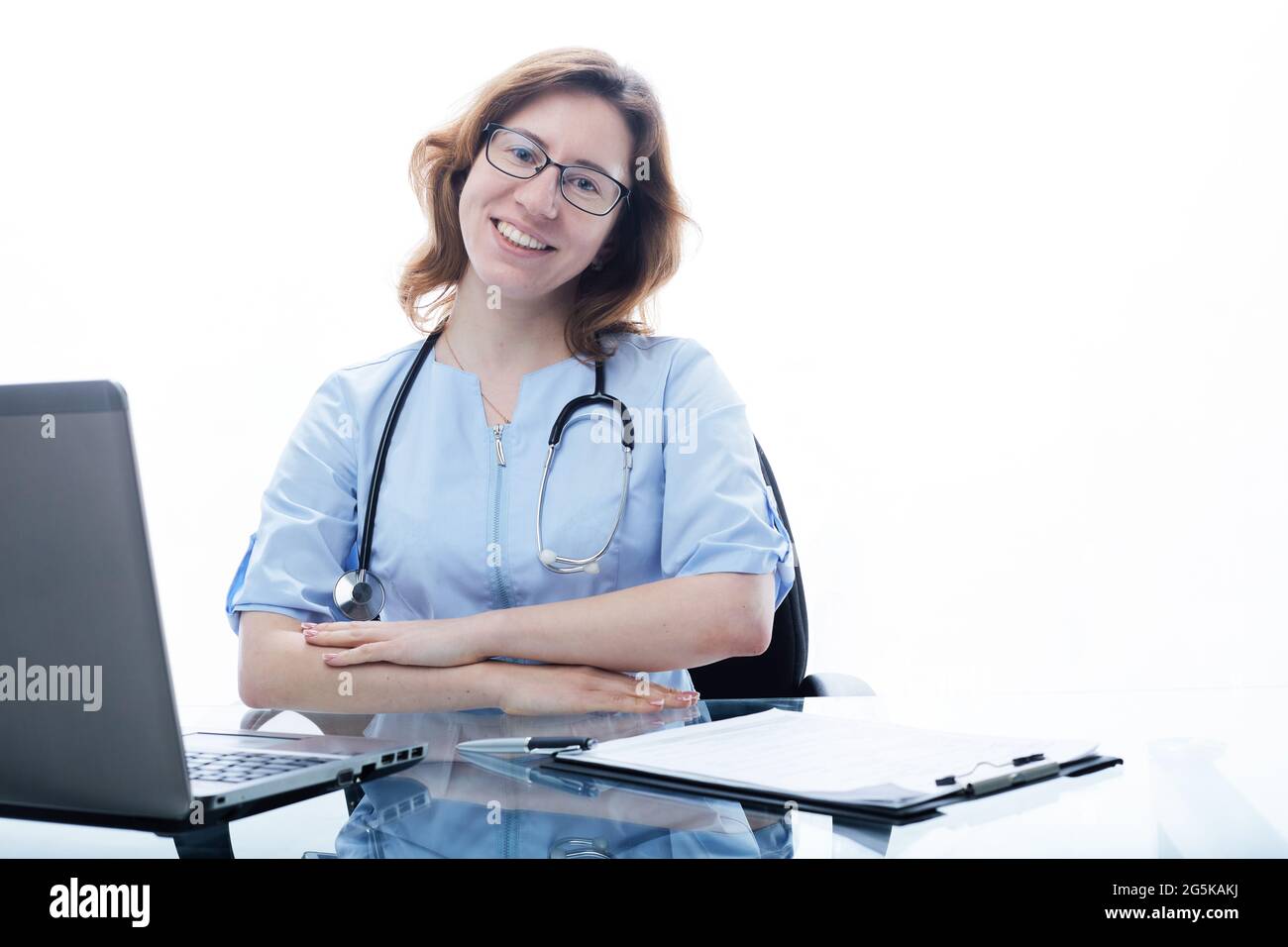 Doctor with laptop computer isolated on white background Stock Photo ...