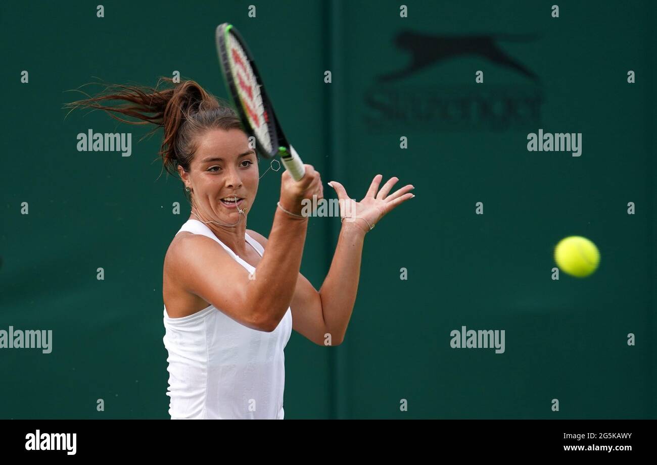 Jodie Burrage in action against Lauren Davis on day one of Wimbledon at ...