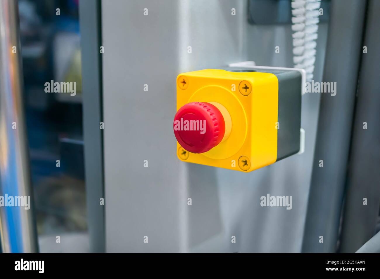 Machine control panel with red switch button - emergency stop at ...