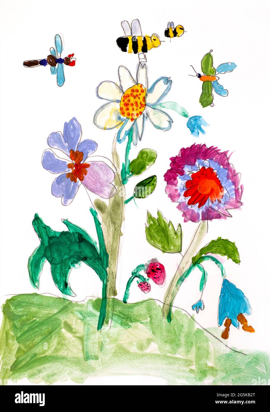 Flowers and insects. Child paint hand drawing Stock Photo - Alamy