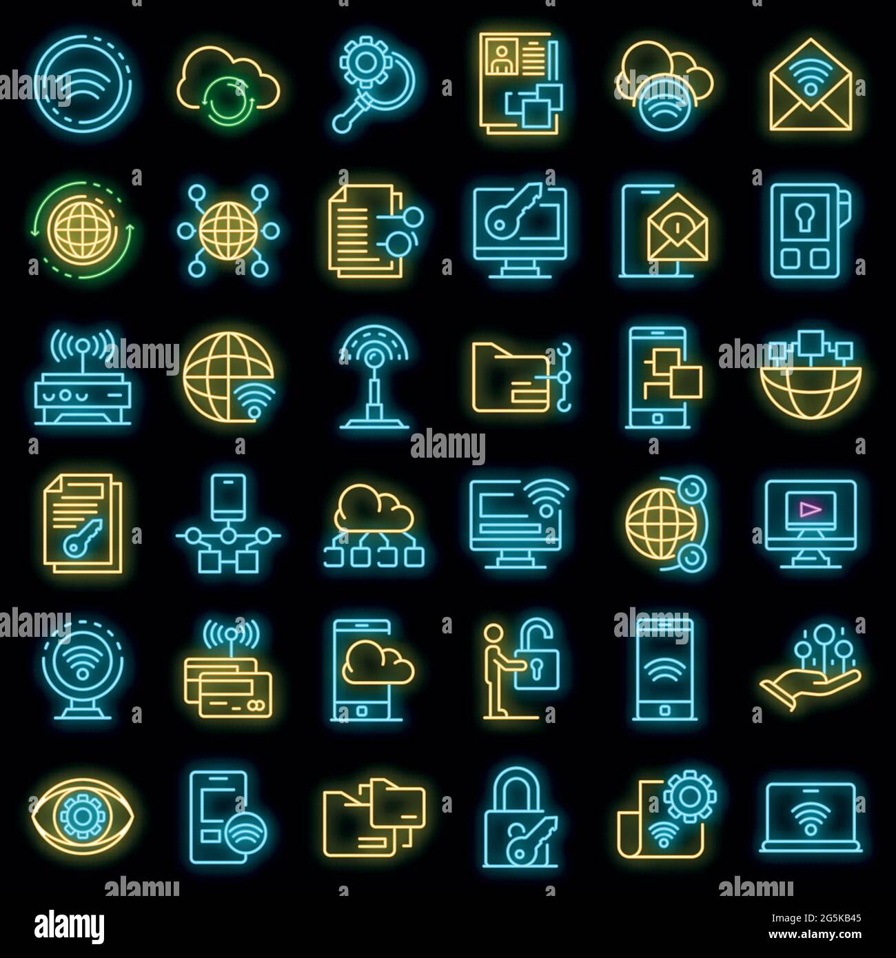 Remote access icons set. Outline set of remote access vector icons neon ...