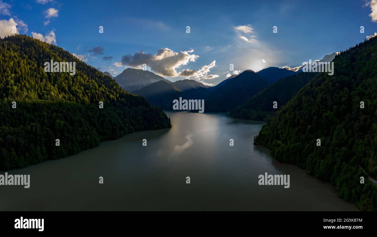 Panoramic view of Lake Ritsa against the backdrop of mountains in ...