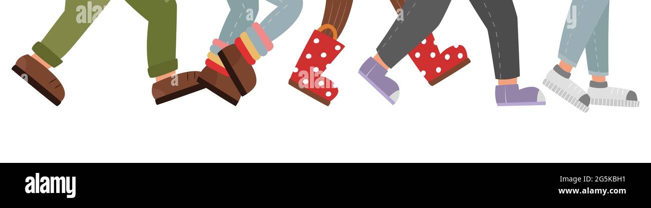 Many human feet walk in the crowd. Wide banner with children's shoes ...