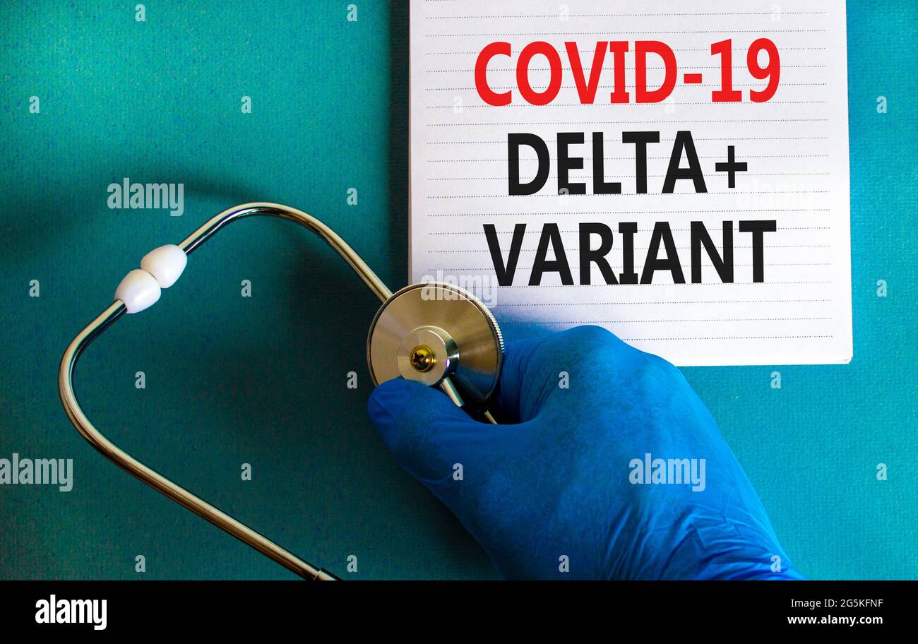 Covid-19 delta plus variant strain symbol. Doctor hand in blue glove ...