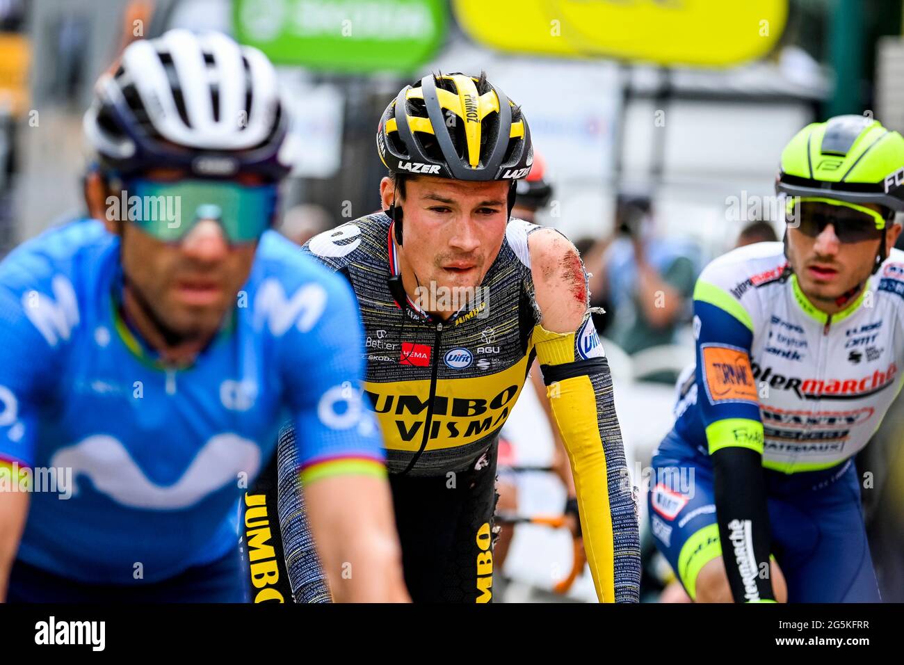 Slovenian Primoz Roglic of Team Jumbo-Visma crosses the finish line ...