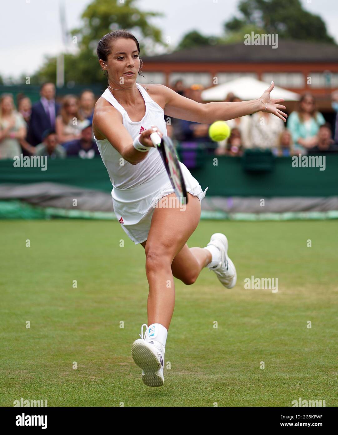 Jodie Burrage in action against Lauren Davis on day one of Wimbledon at ...