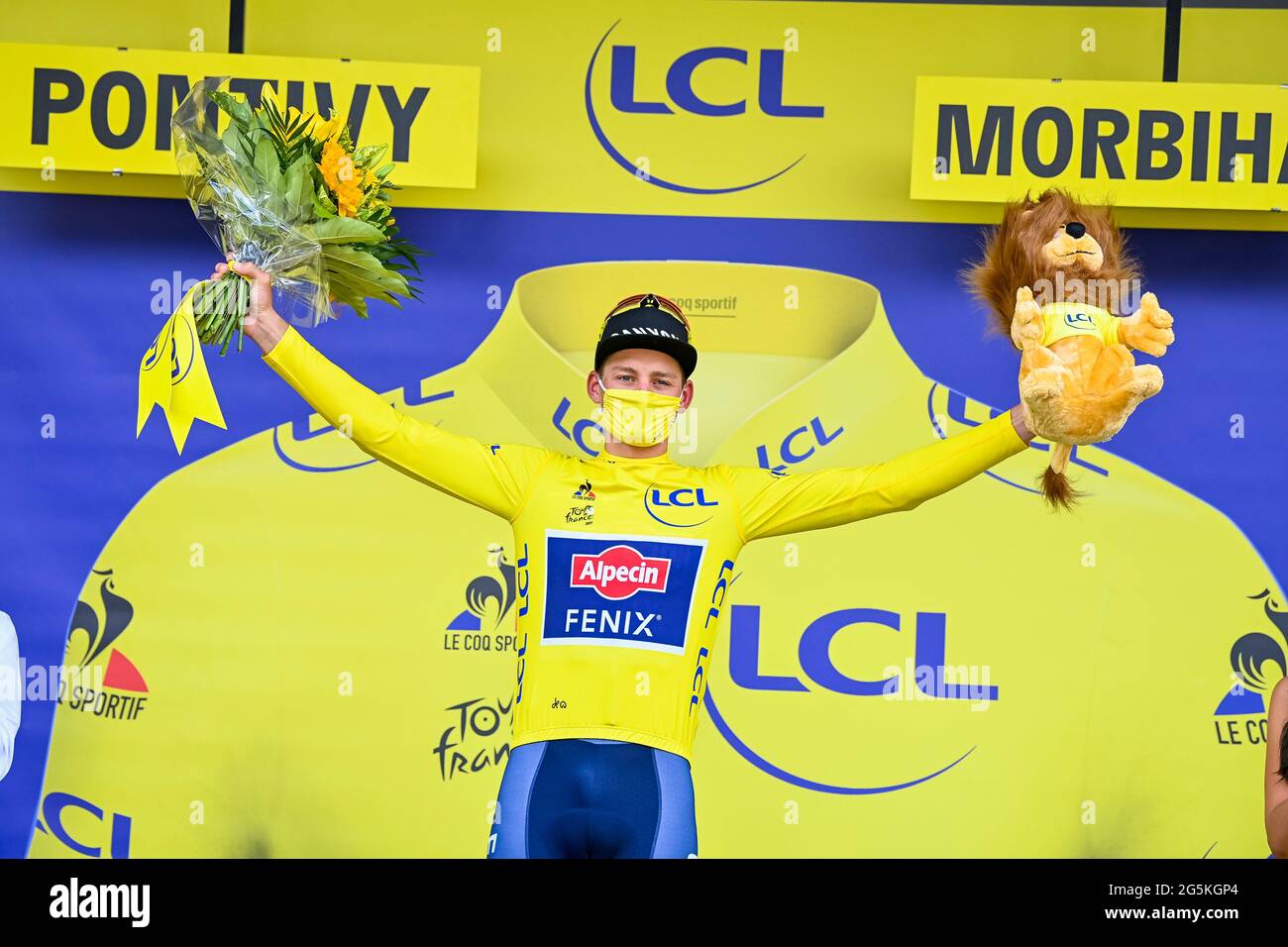 Dutch Mathieu van der Poel of Alpecin-Fenix celebrates on the podium in ...