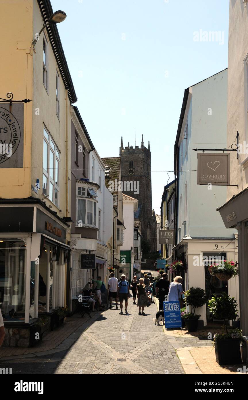 The shops along Foss Street in the Devon town of Dartmouth with the ...
