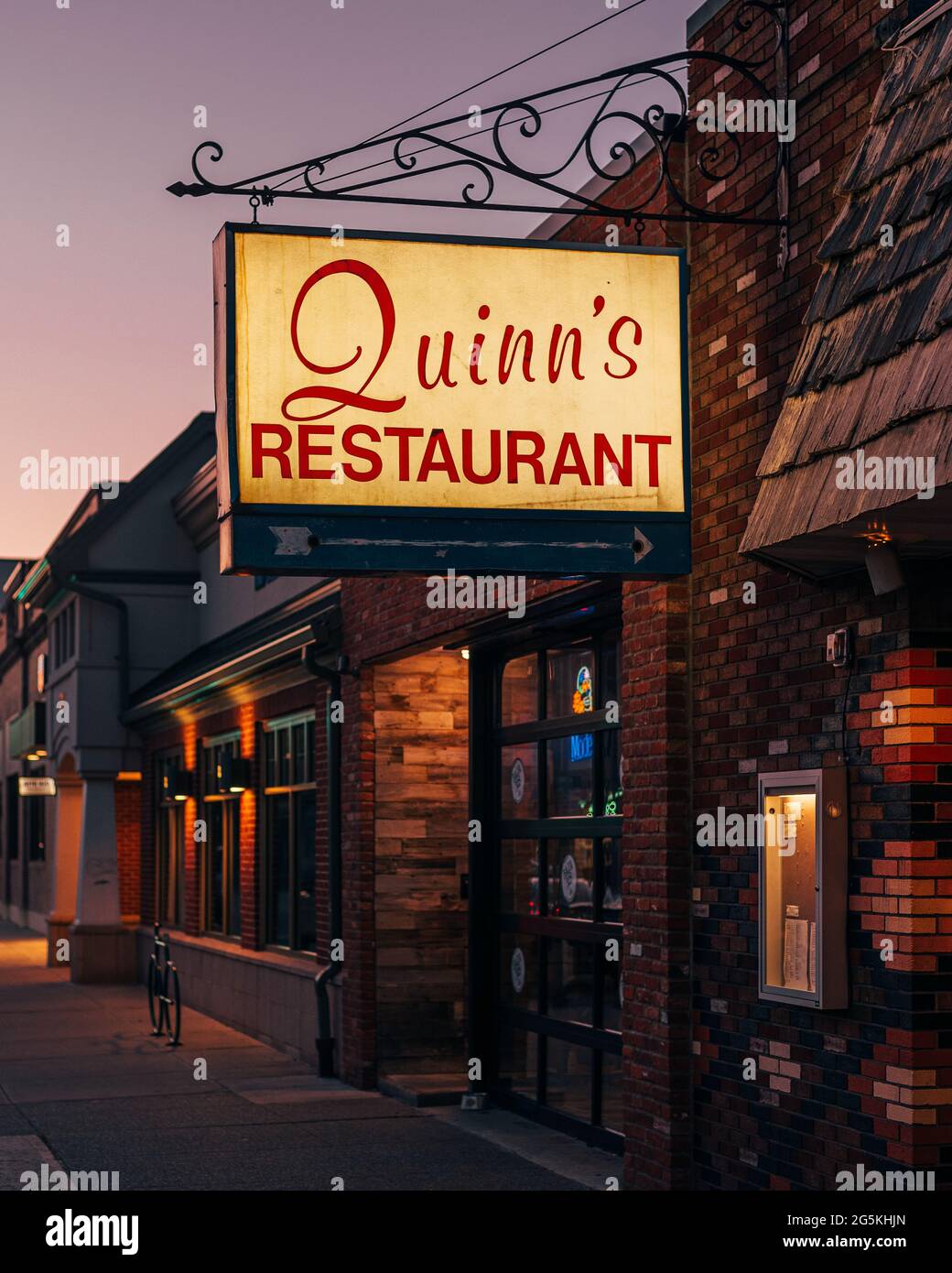 Quinns Restaurant sign at sunset, in Beacon, the Hudson Valley, New ...