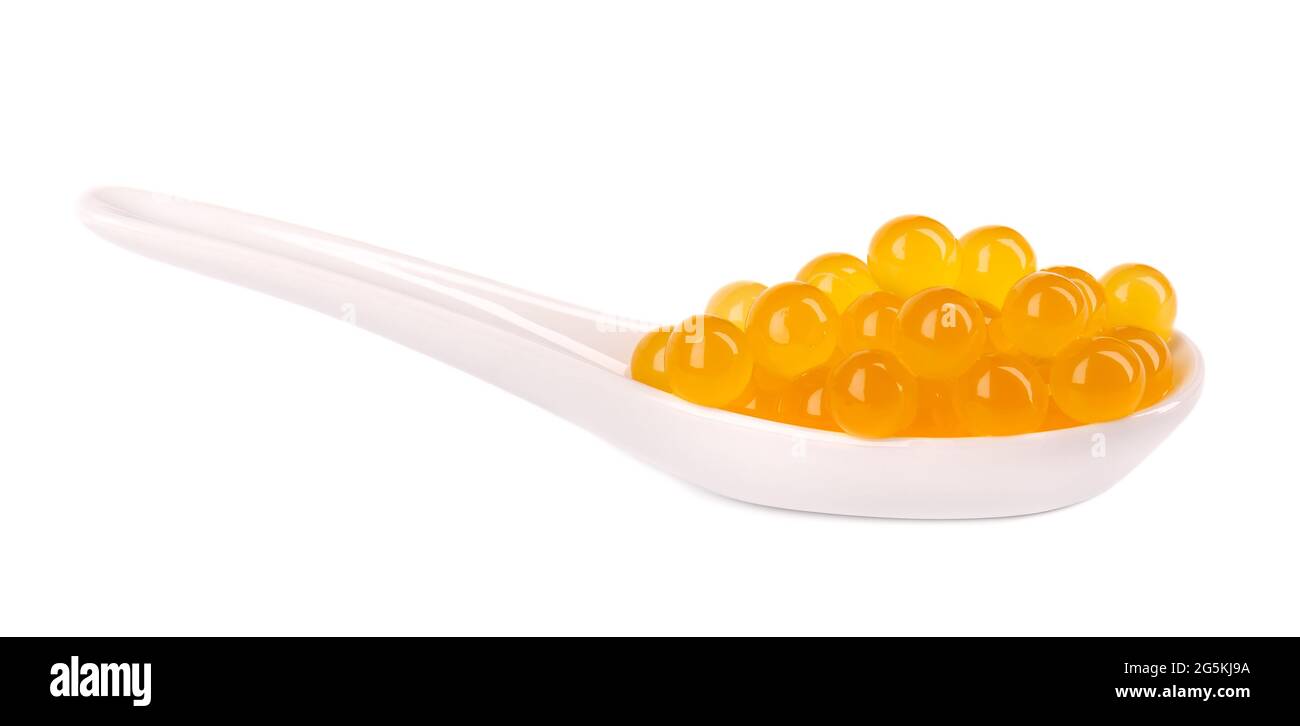 Yellow tapioca pearls for bubble tea isolated on white background ...